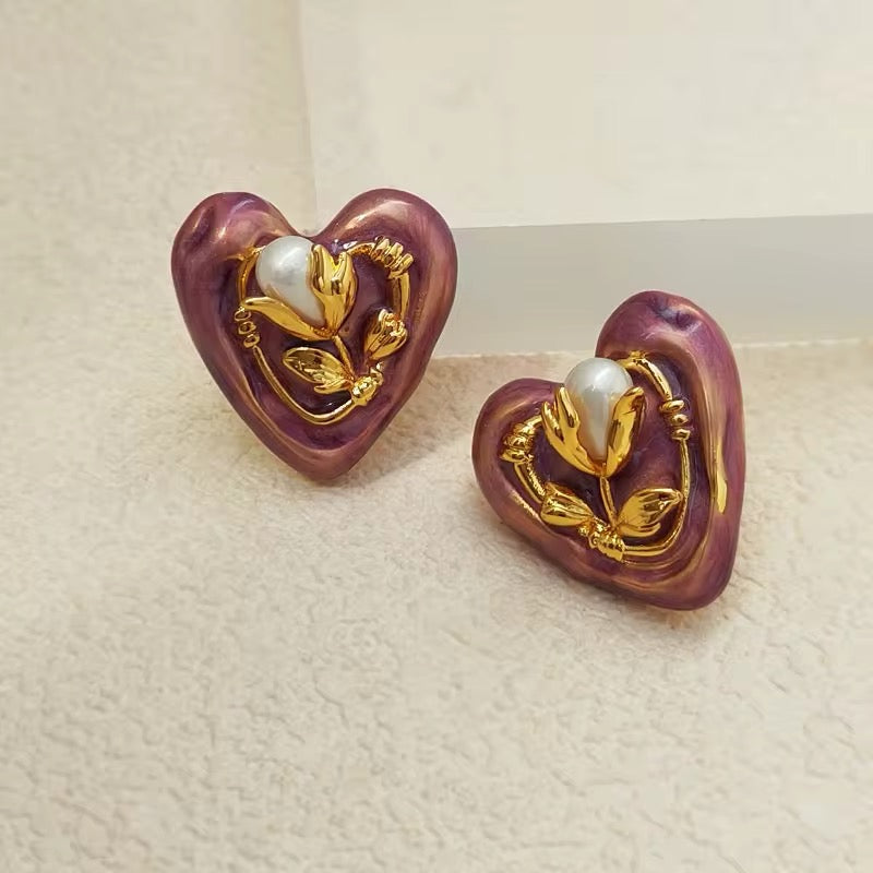 Retro Minimal Dusty Rose Enamle Heart Stud Earrings – LUNARITY GARAGE